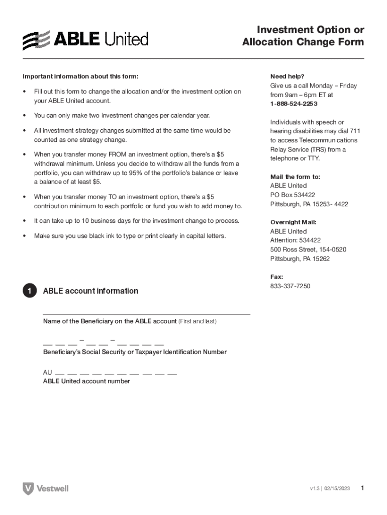 Fillable Online Investment Option or Allocation Change Form Fax Email ...