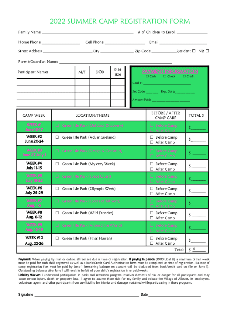 Fillable Online Summer Day Camp Registration Form 2022 Fax Email Print - pdfFiller