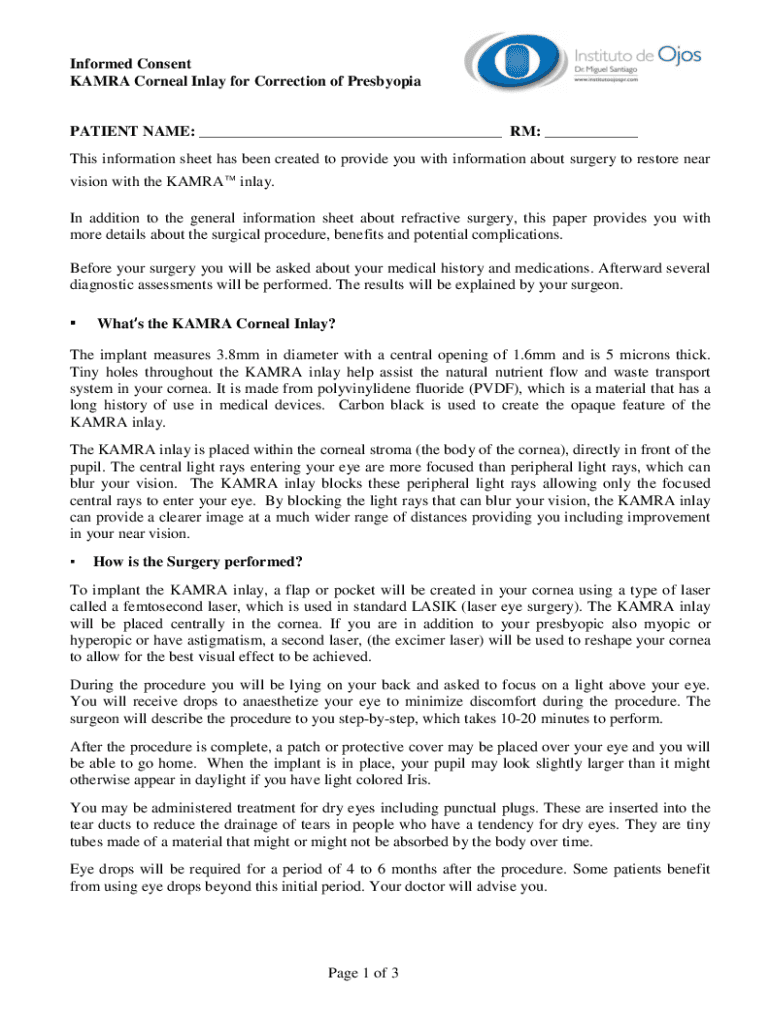 Fillable Online of 3 Informed Consent KAMRA Corneal Inlay for ...