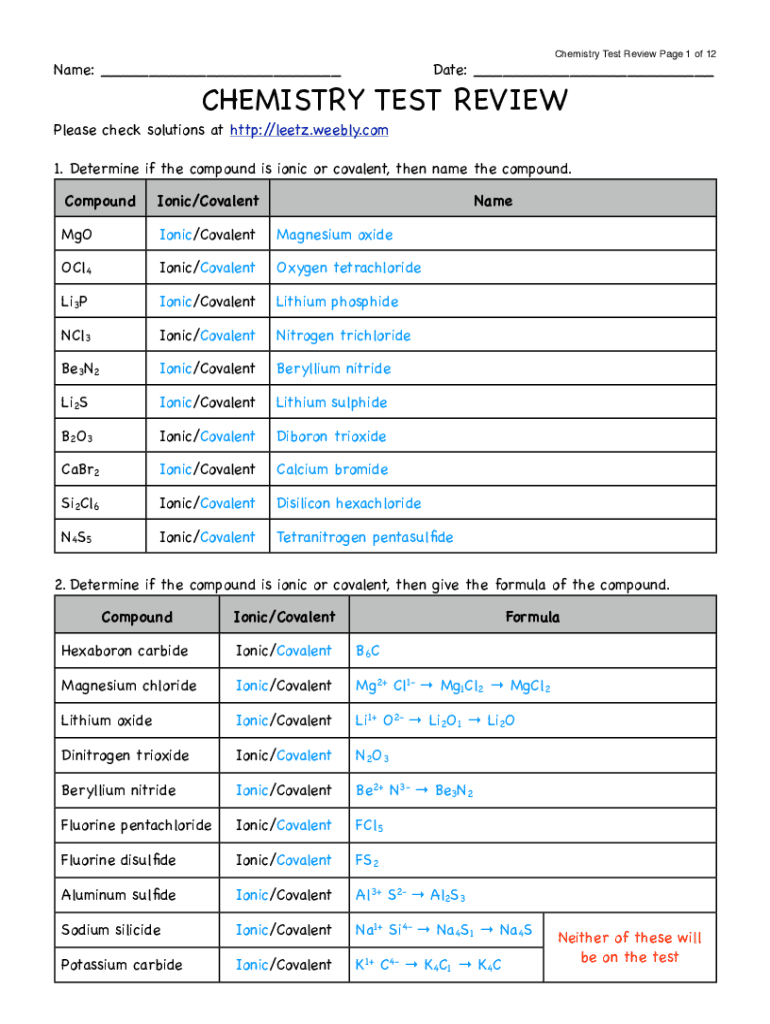 Fillable Online Unit 5 Test Review: Ions, Ionic, Metallic, and Covalent ...