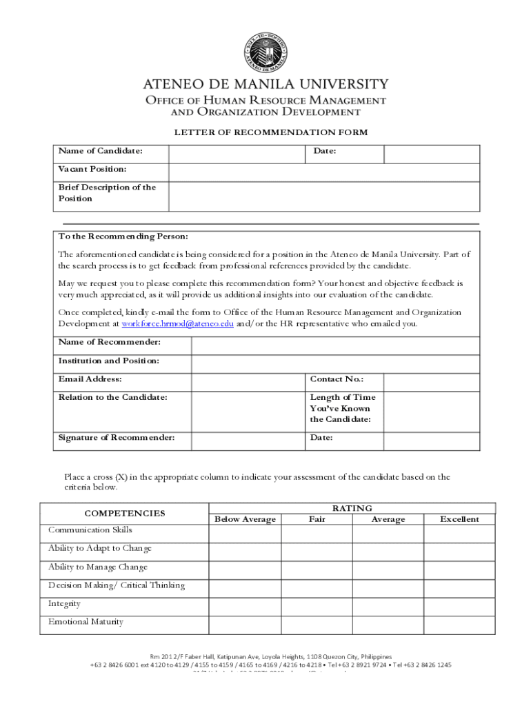 Fillable Online LETTER OF RECOMMENDATION FORM Name of Candidate Fax ...