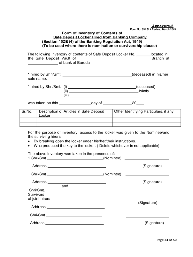 Fillable Online Annexure-3 Form of Inventory of Contents of Safe ...