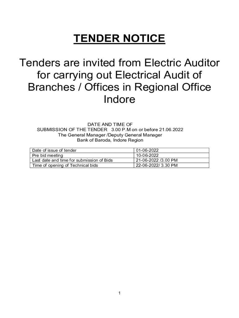 Fillable Online Tender For Electrical Audit of Branches of Indore ...