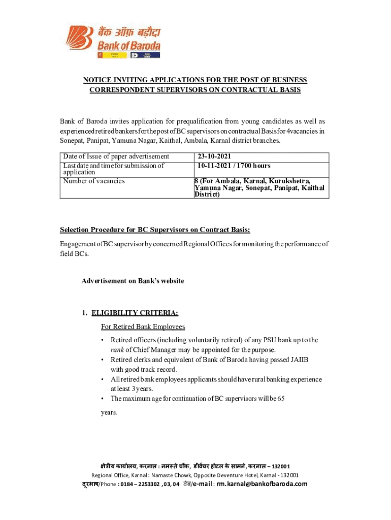 Fillable Online Bank of Baroda BC Supervisor Recruitment 2022 Apply ...