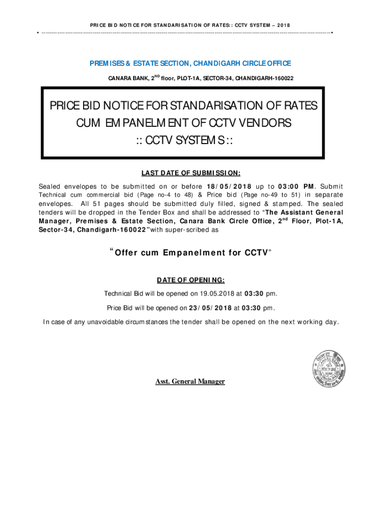 Fillable Online Price bid Notice for standarisation of rates:: CCTV ...
