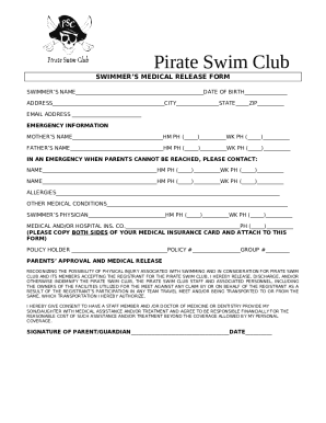 SWIMMER'S MEDICAL RELEASE Doc Template | pdfFiller