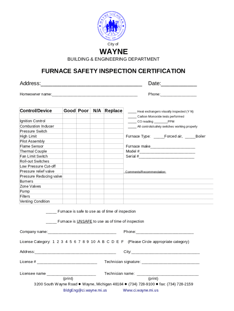 Fillable Online FURNACE SAFETY INSPECTION CERTIFICATION - Wayne Fax ...