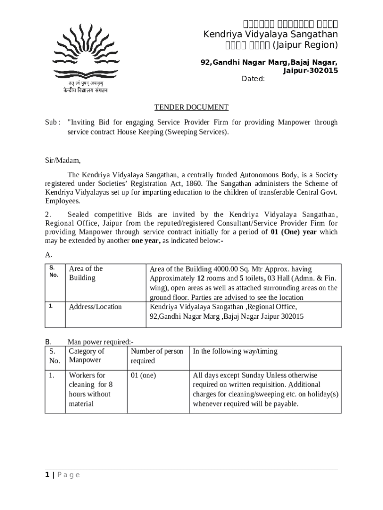 -TENDER DOCUMENT: FOR MANPOWER SERVICE ... Doc Template | pdfFiller