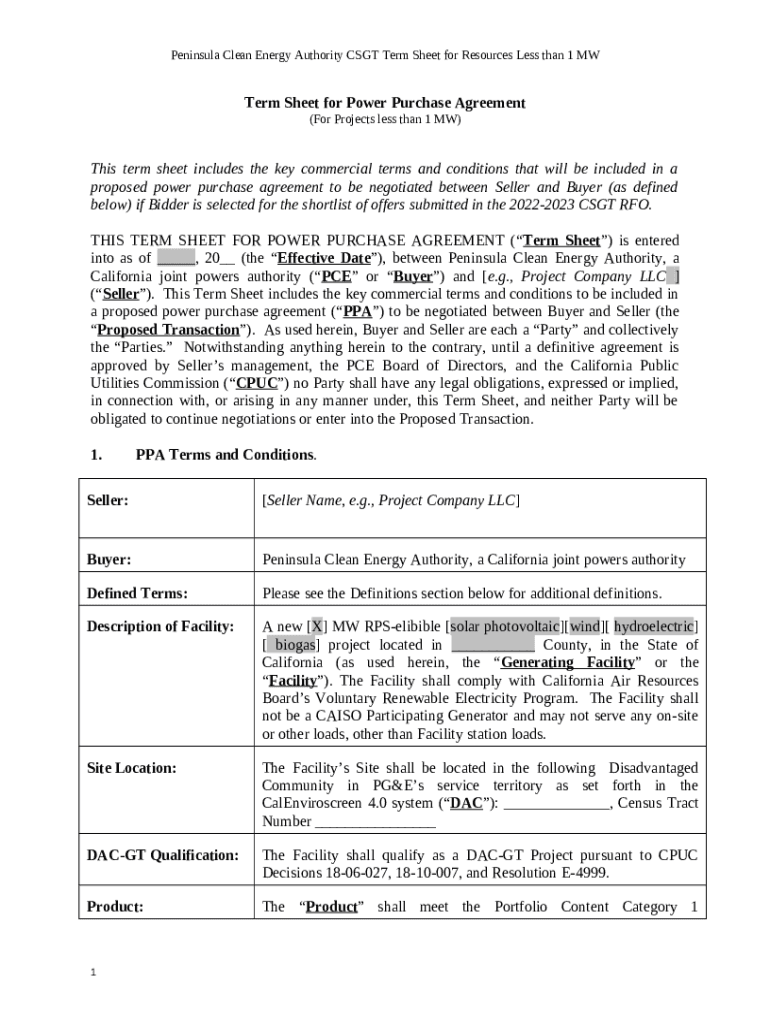 Attachment 1 Term Sheet for Power Purchase Agreement Doc Template ...