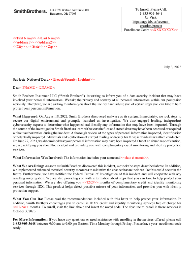 Fillable Online Smith Brothers - Template Notification Letter (Adult SSN)(9533280.2) - V2.docx ...