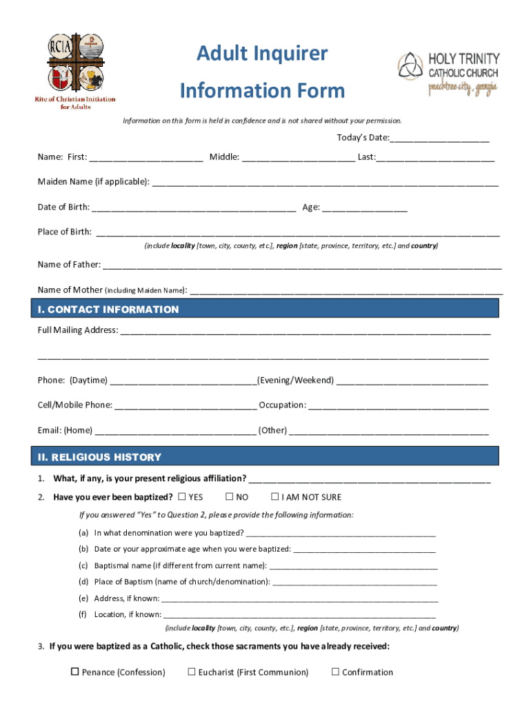 Fillable Online RCIA Child/Teen Inquirer - Information Form Fax Email ...