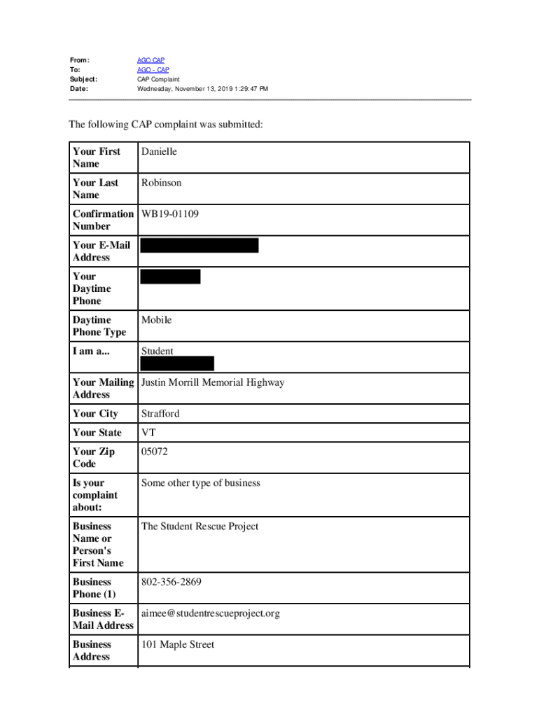 Fillable Online The following CAP complaint was submitted: Your First ...