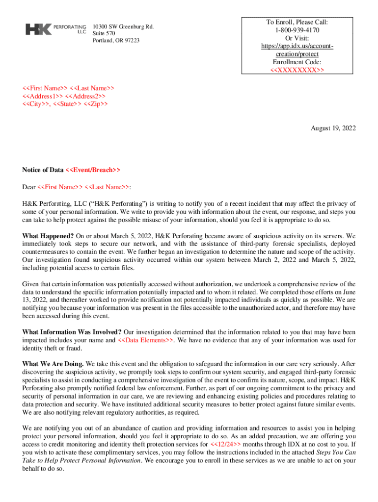Fillable Online H&K Perforating LLC - Notice of Data Event Fax Email ...
