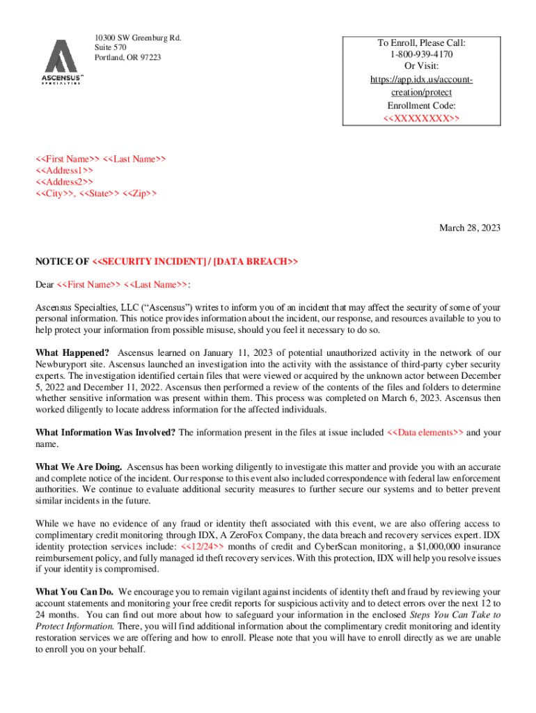 Fillable Online Ascensus Specialties Data Breach Notice to Consumers ...