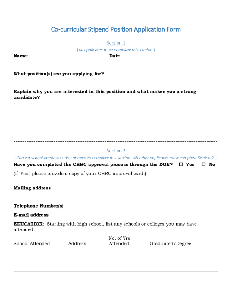 Fillable Online Co-curricular Stipend Position Application Form Fax ...