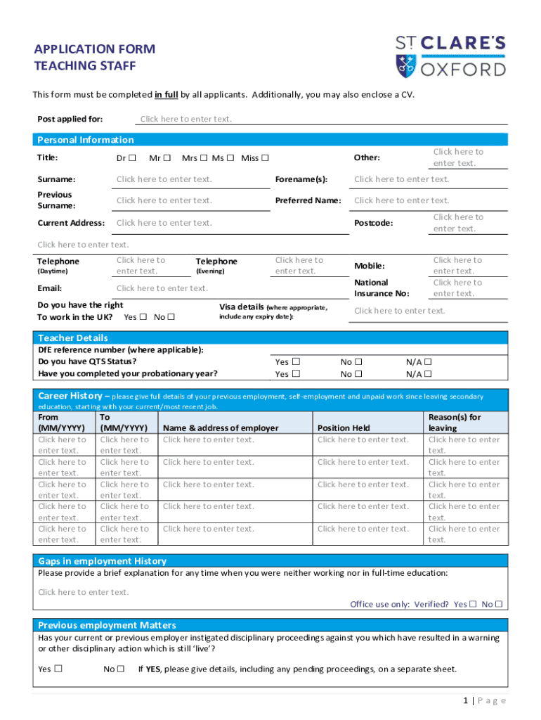Fillable Online stclares ac APPLICATION FORM TEACHING STAFF Fax Email Print - pdfFiller