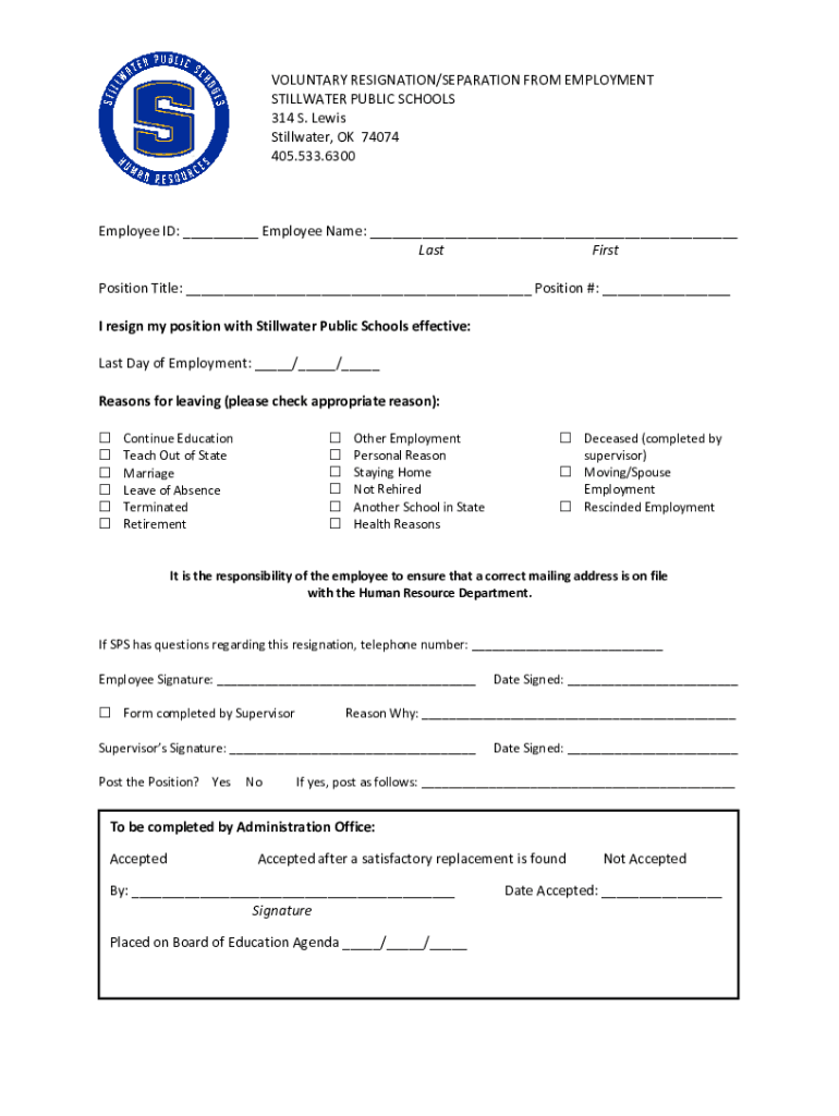 Fillable Online voluntary resignation/separation from employment Fax ...