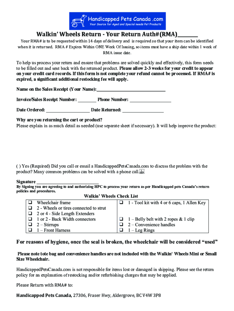 Fillable Online Walkin' Wheels Return Form Your Return Auth Fax Email ...