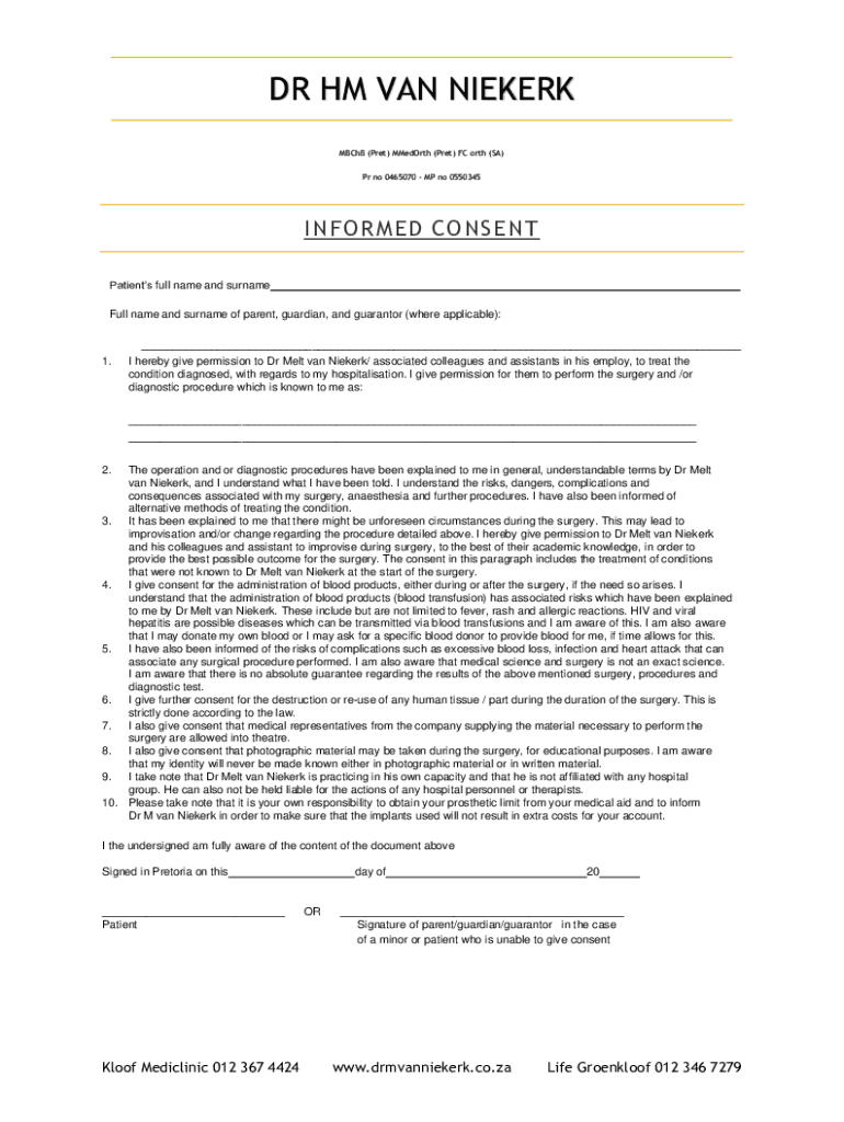 Fillable Online Informed Consent - DR HM VAN NIEKERK Fax Email Print ...