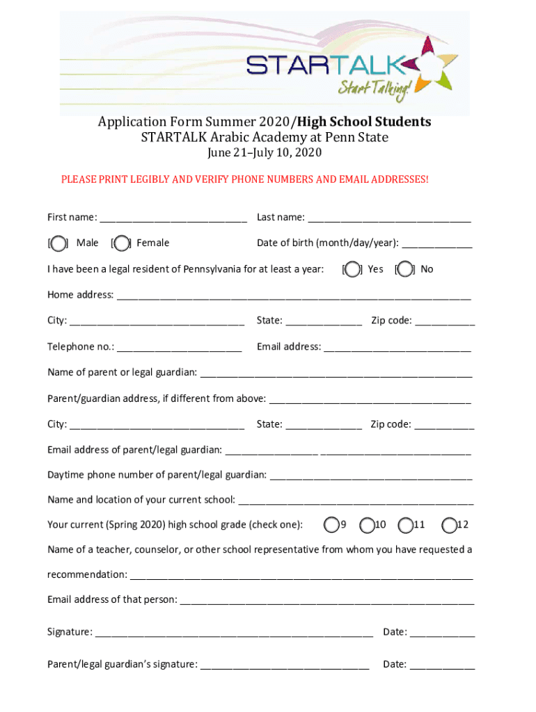 Fillable Online language-institute outreach psu 2020 STARTALK Arabic Academy Application for ...