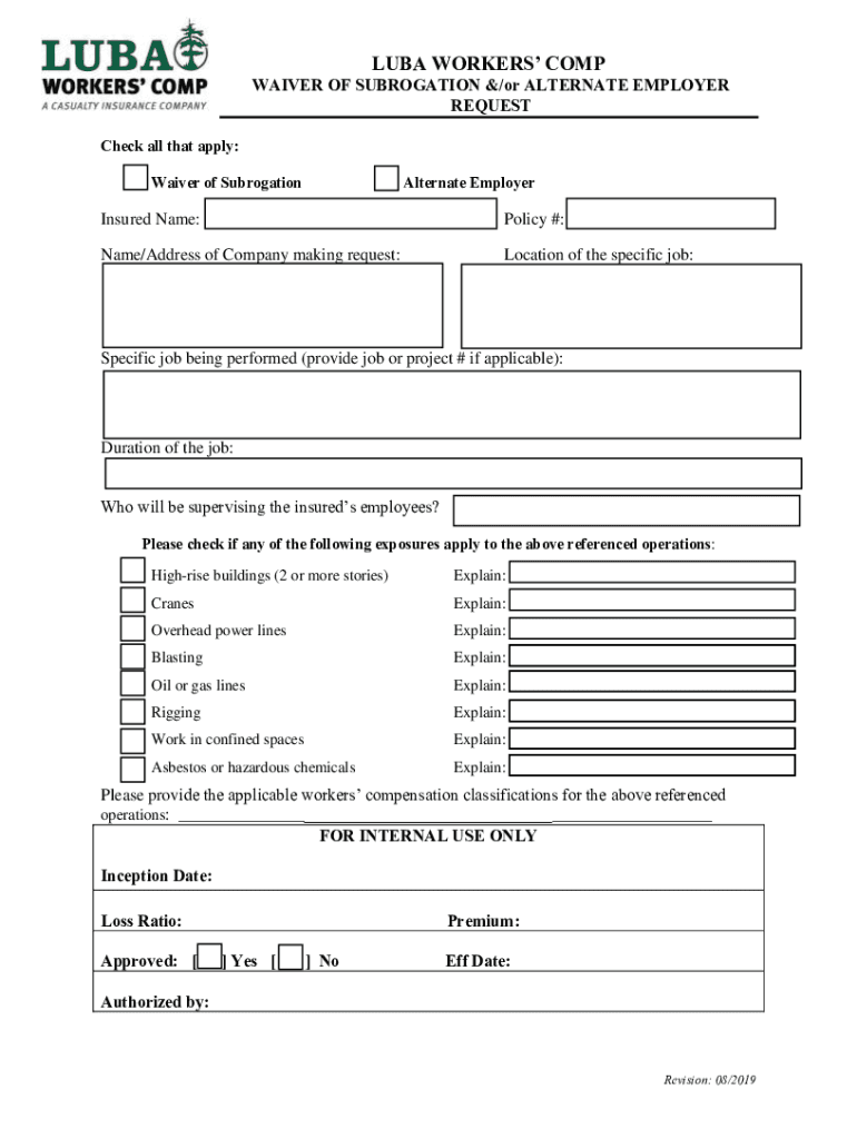 Fillable Online WAIVER OF SUBROGATION REQUEST - LUBA Workers' Comp Fax ...