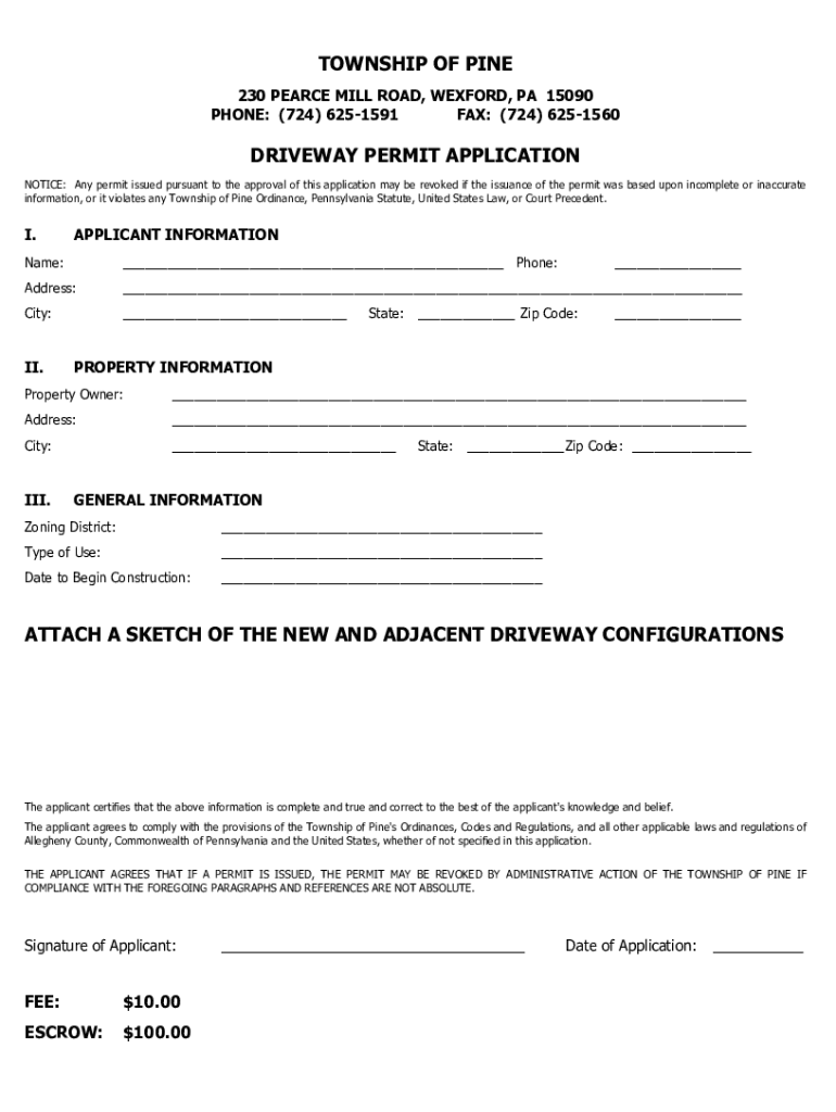 Fillable Online Driveway Permit Application - Pine Township Fax Email ...