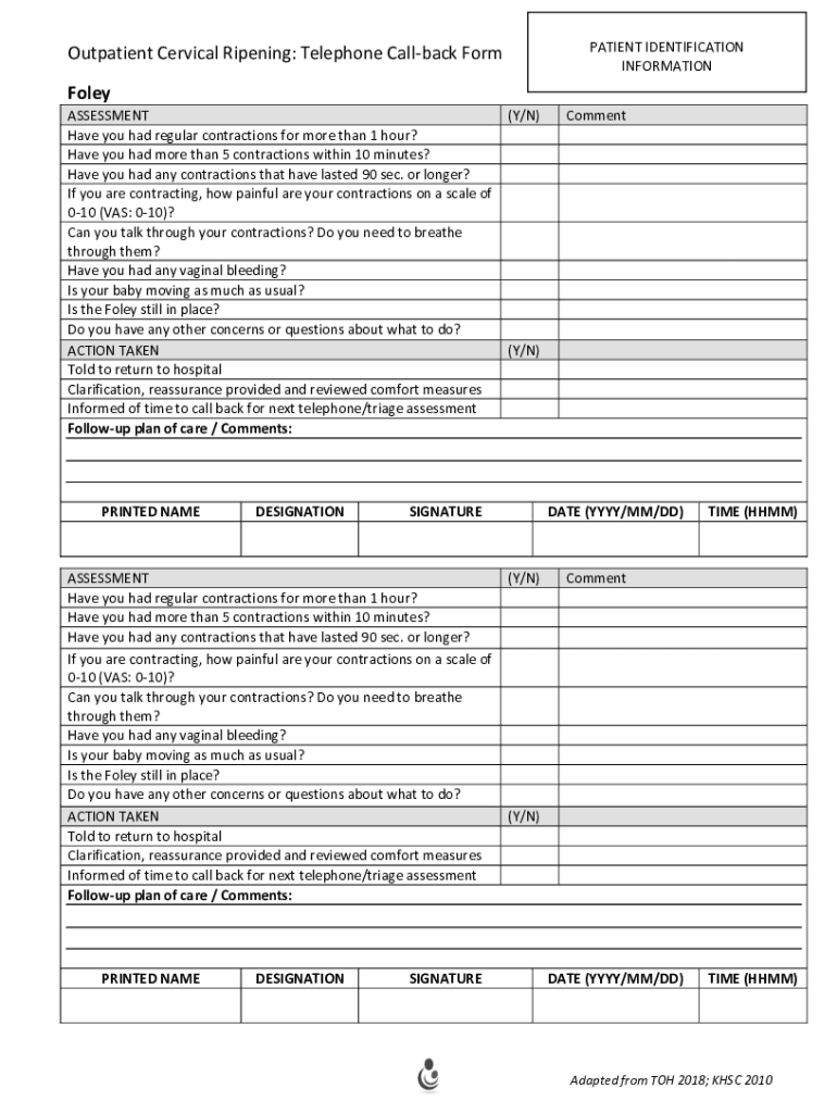 Fillable Online Outpatient Cervical Ripening: Telephone Call-back Form ...