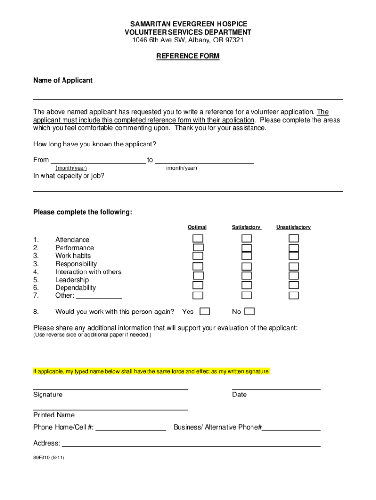 Fillable Online Hospice Volunteer Reference Form Fax Email Print - pdfFiller