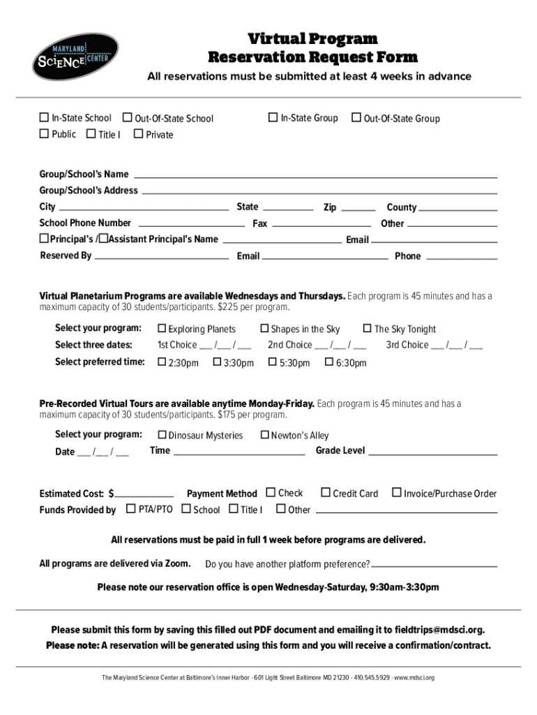 Fillable Online Virtual Program Reservation Request Form Fax Email Print - pdfFiller