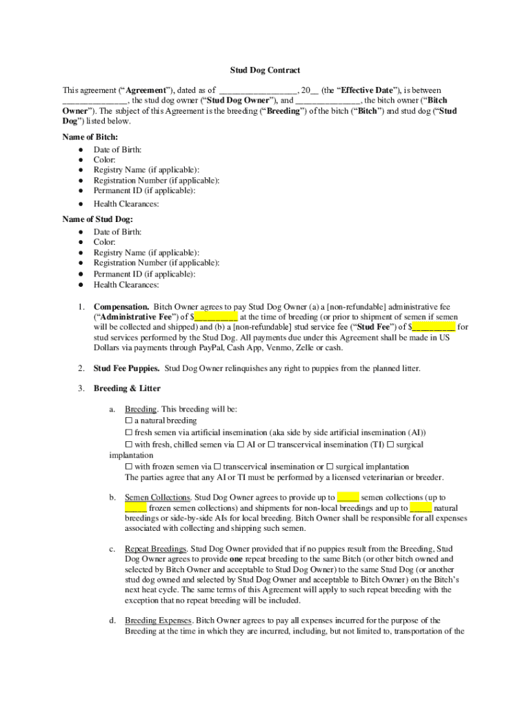 Fillable Online Stud Dog Contract This agreement (Agreement), dated as ...