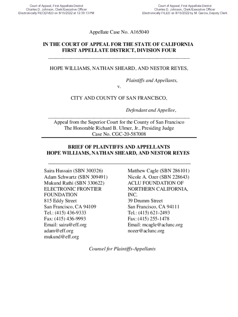 Fillable Online Appellate Case No. A165040 IN THE COURT OF APPEAL FOR ...
