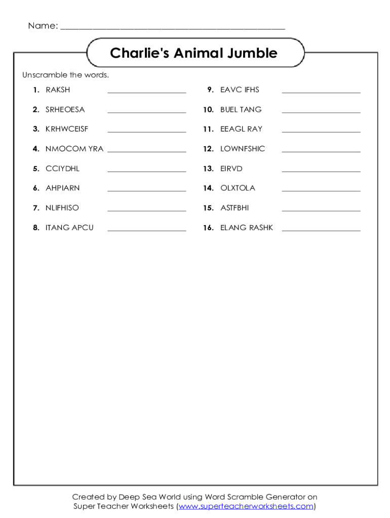 Fillable Online Super Teacher WorksheetsCharlie's Animal Jumble Fax ...