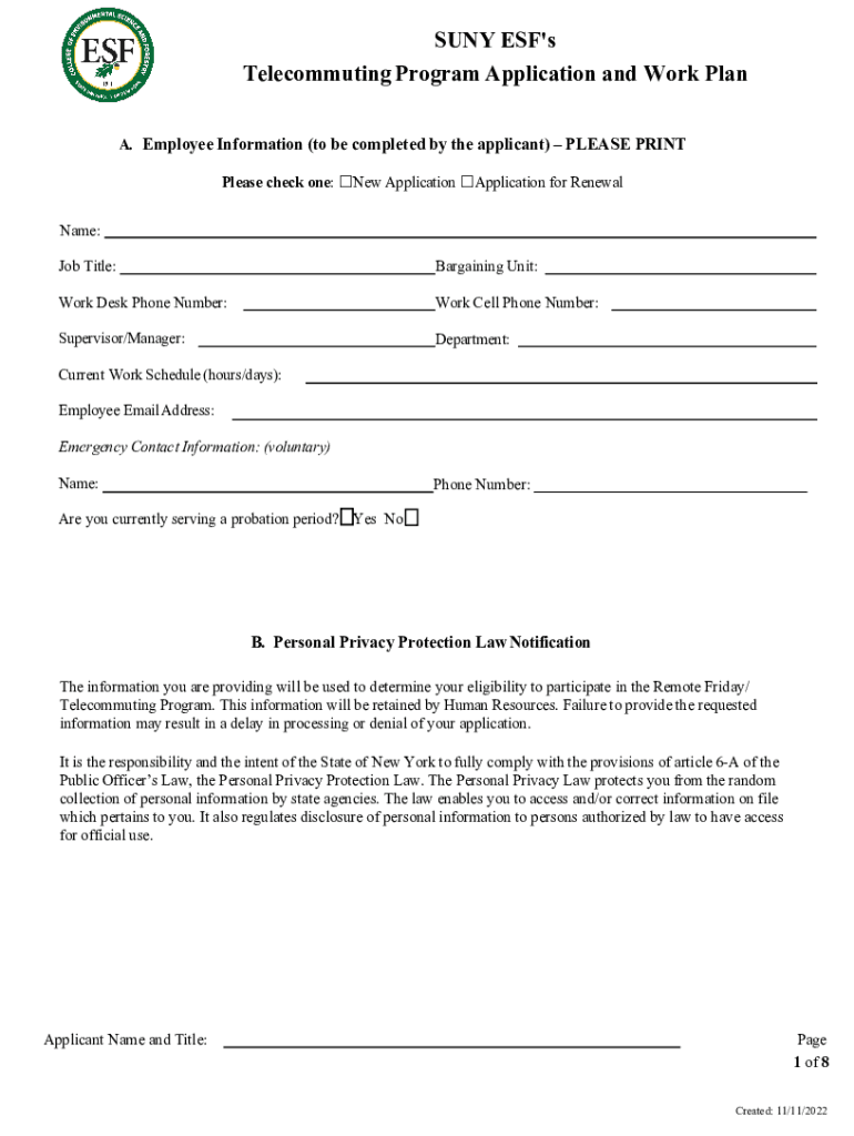 Fillable Online Telecommuting Program Application and Work Plan Fax Email Print - pdfFiller