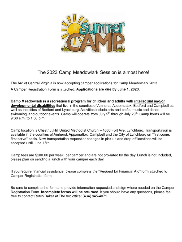 Fillable Online Camp Meadowlark is only a... - The Arc of Central Virginia Fax Email Print ...