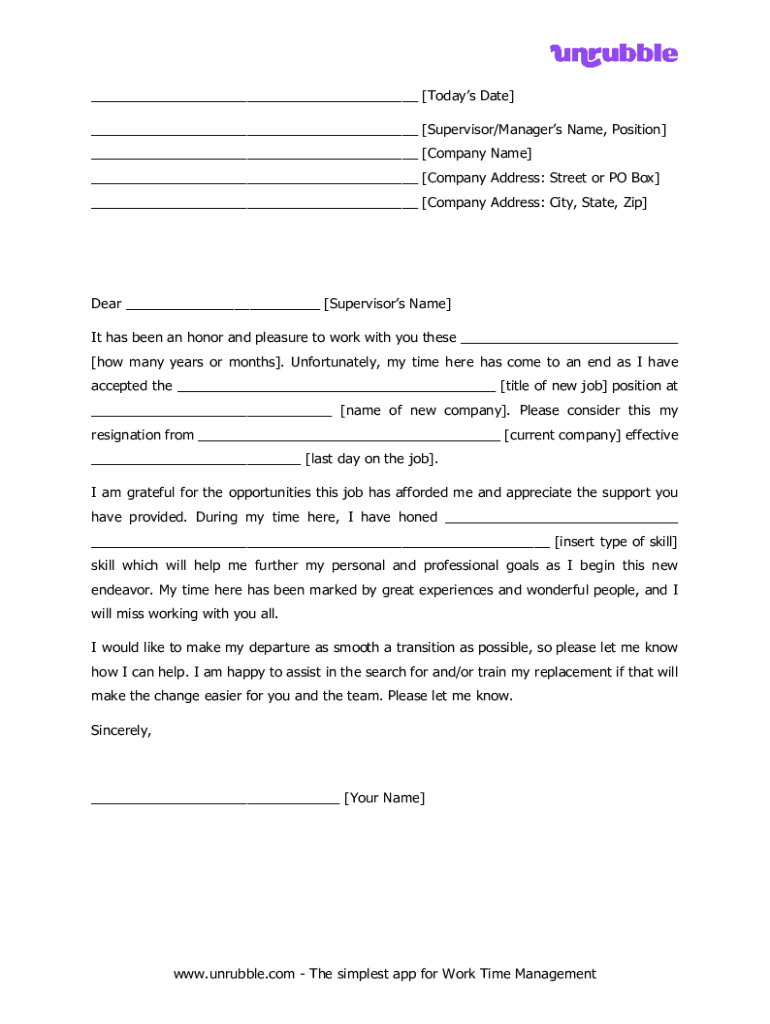Fillable Online Resignation Letter Template - Unrubble Fax Email Print ...