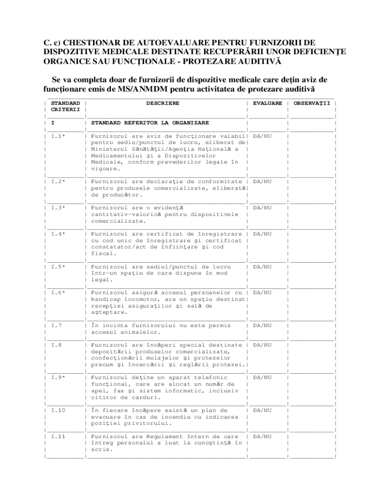 Fillable Online C. a) CHESTIONAR DE AUTOEVALUARE PENTRU ... Fax Email ...