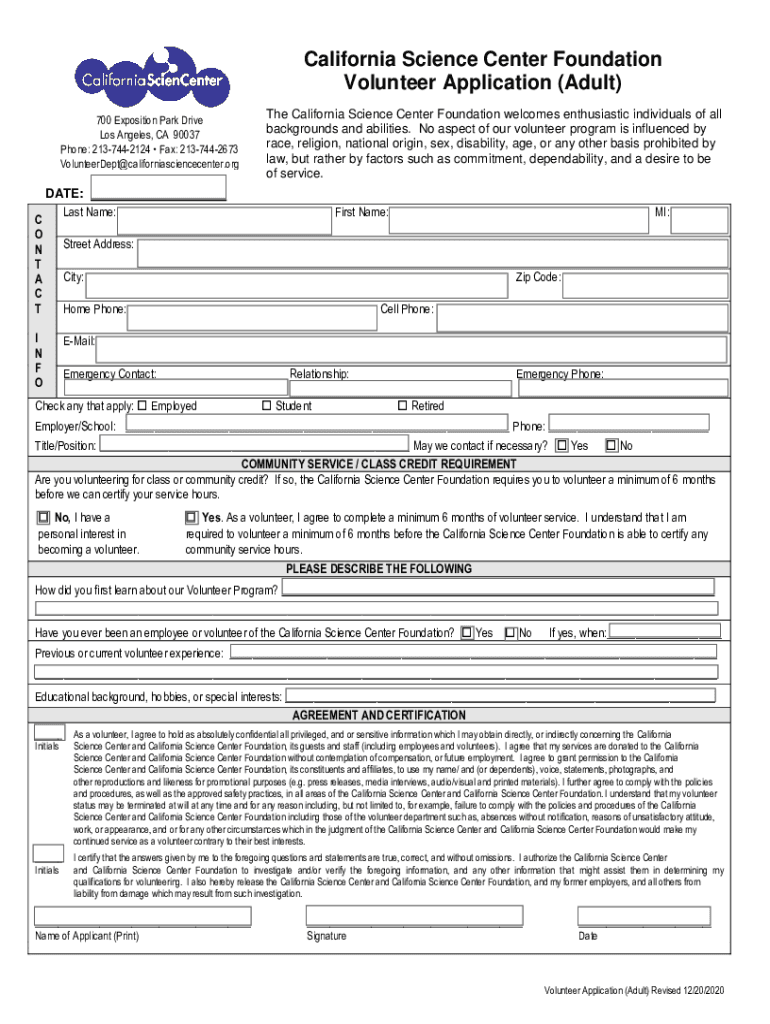 Fillable Online California Science Center Volunteer Application (Youth ...