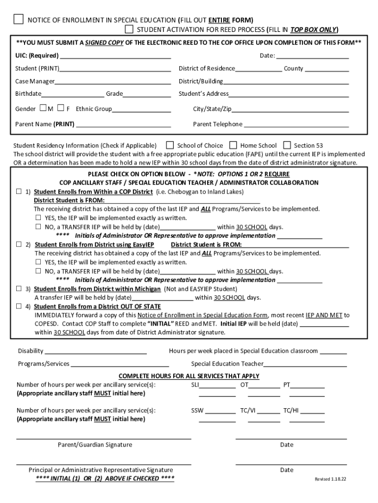 Fillable Online Activation and Notice of Student Enrollment. Special ...