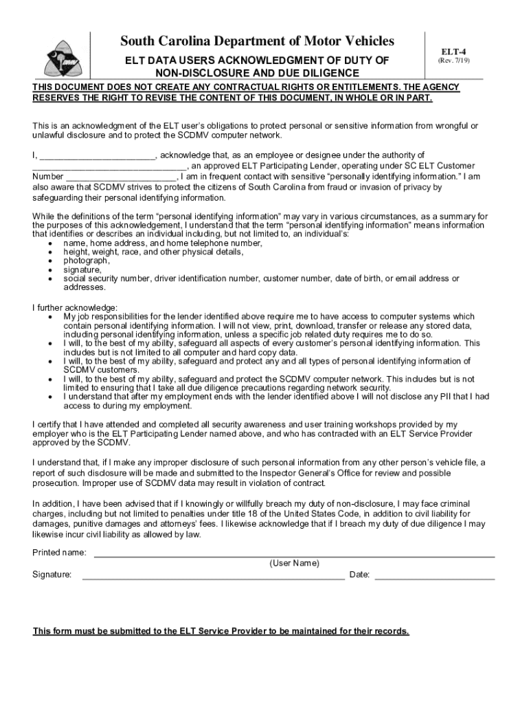 Fillable Online ELT-4. ELT DATA USERS ACKNOWLEDGMENT OF DUTY OF NON-DISCLOSURE AND DUE DILIGENCE ...