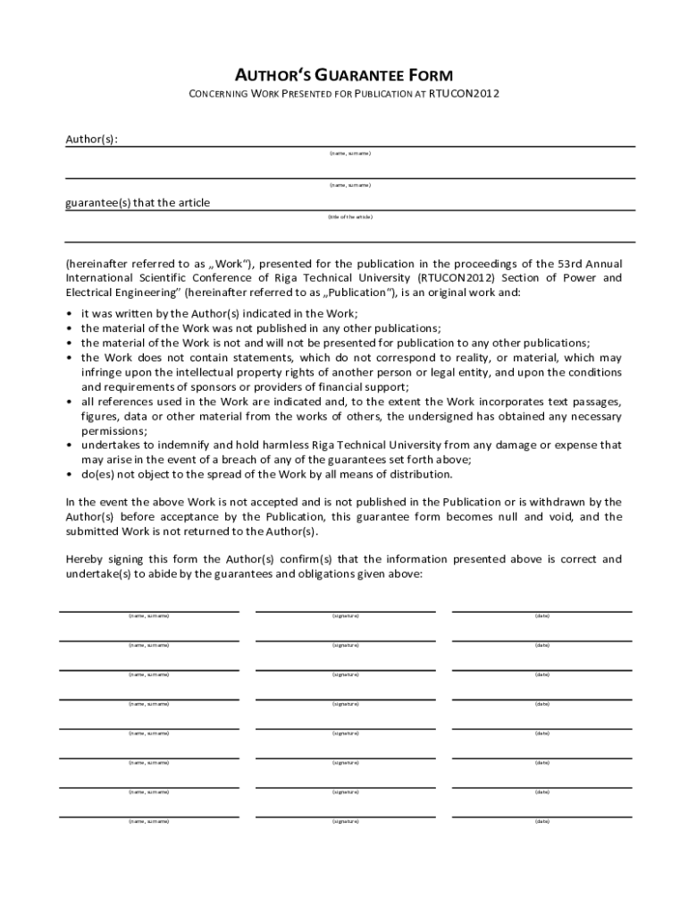 Fillable Online AUTHOR'S GUARANTEE FORM Fax Email Print - pdfFiller