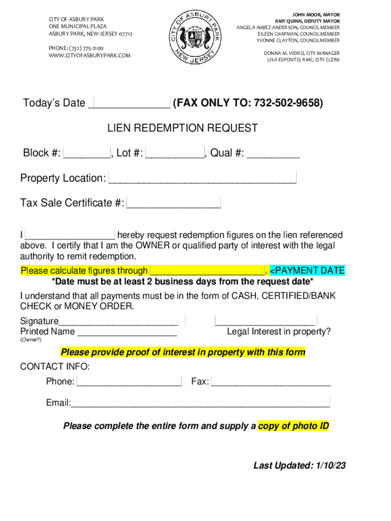 Fillable Online Asbury Park - Lien Redemption Request Form PDF Fax ...