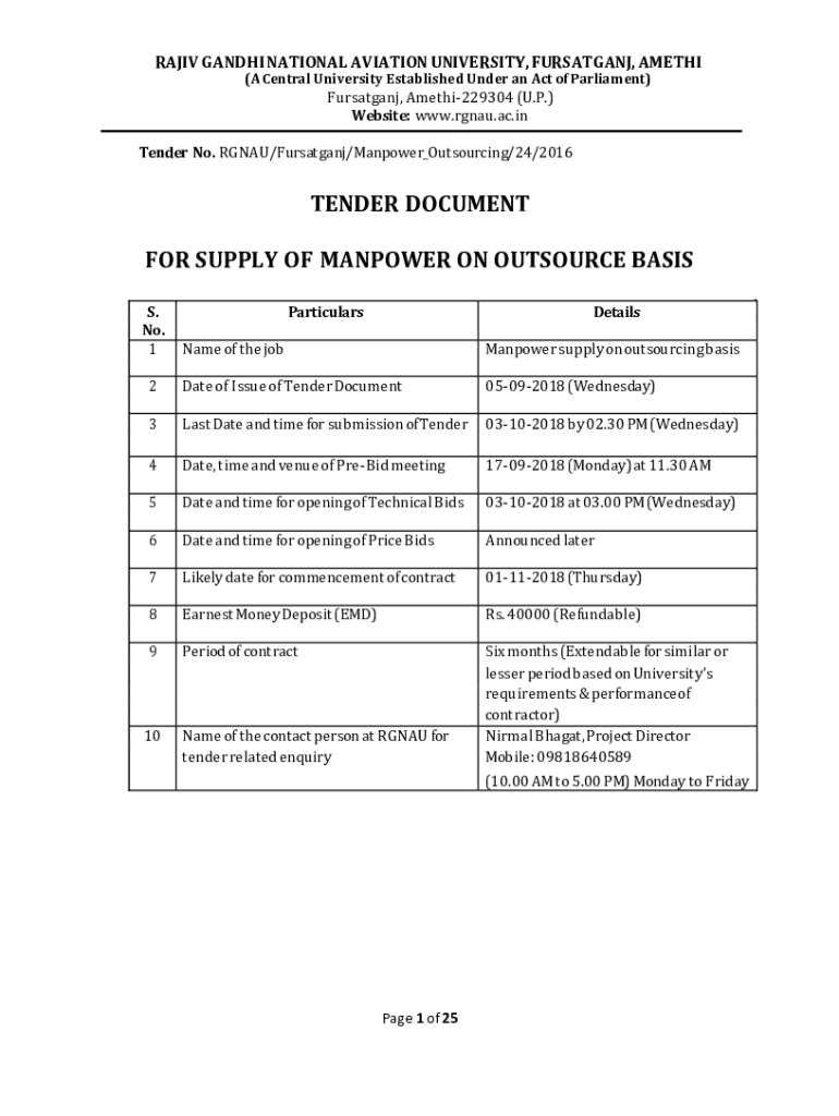 Fillable Online TENDER DOCUMENT FOR SUPPLY OF MANPOWER ON ... Fax Email ...