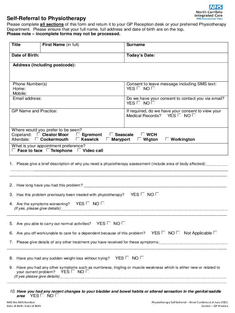 Fillable Online Community MSK Physiotherapy Self-Referral Form Fax ...