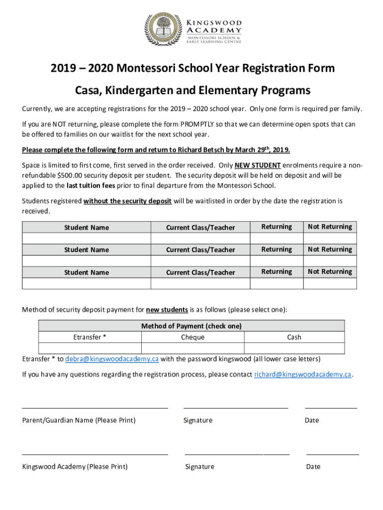 Fillable Online 2019 2020 Montessori School Year Registration Form ...