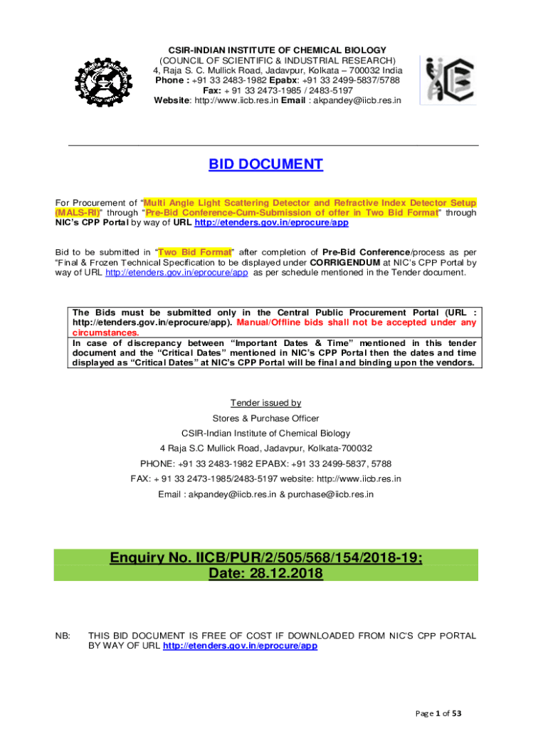 Fillable Online BID DOCUMENT Enquiry No. IICB/PUR/2/505/568/154/ ... Fax Email Print - pdfFiller