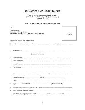 Fillable Online Application Form for the Post of Principal for ... Fax ...
