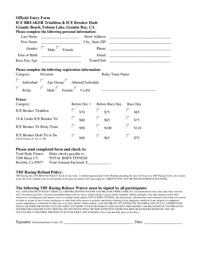 Fillable Online Official Entry Form 2023 ICE Breaker Triathlon Fax ...
