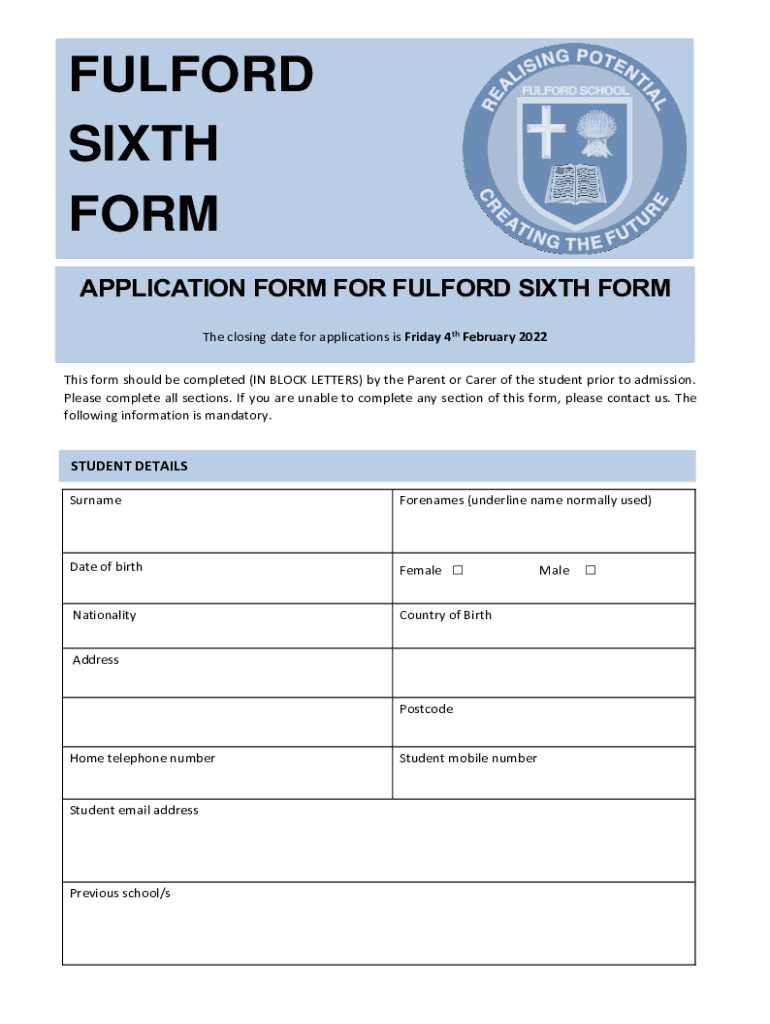 Fillable Online Apply - Fulford Sixth Form Fax Email Print - pdfFiller