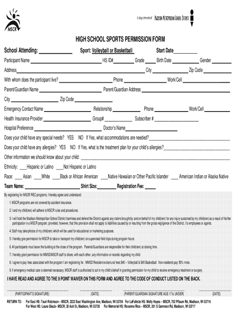 Fillable Online Parental Consent for Participation in Athletics Form ...