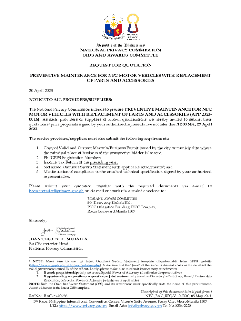 Fillable Online REQUEST FOR QUOTATION / PROPOSAL Preventive ... Fax ...